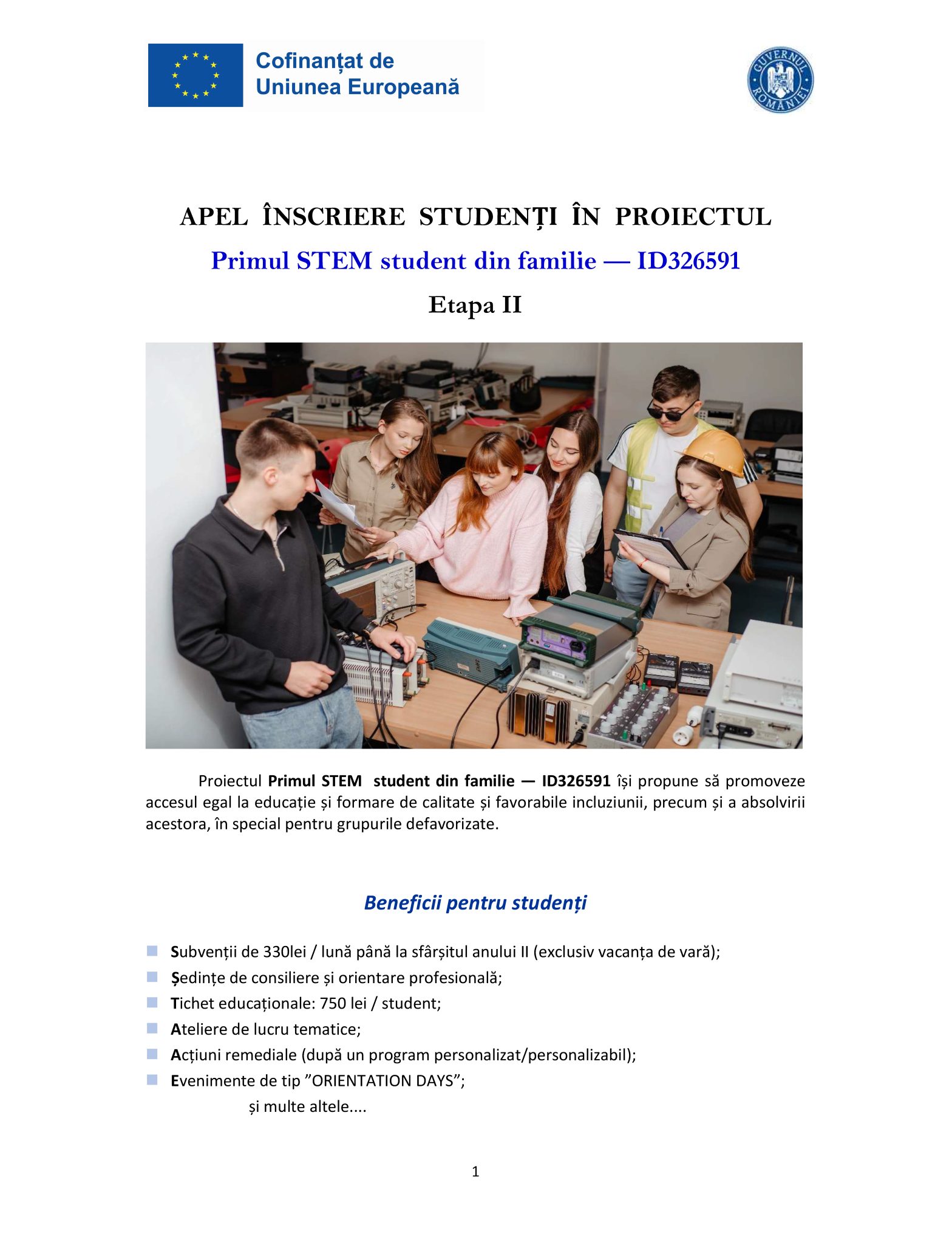 SELECȚIE STUDENȚI proiect Primul STEM – student din familie (ID 326591) Etapa II – Facultatea ...
